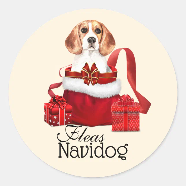 Funny Christmas holiday beagle dog fleas navidog Classic Round Sticker ...