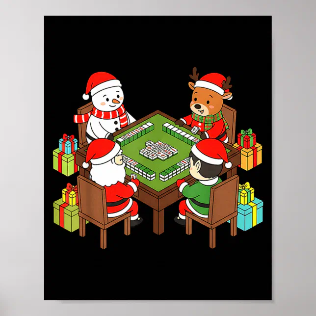 Funny Christmas Mahjong Santa Snowman Elf Reindeer Poster | Zazzle