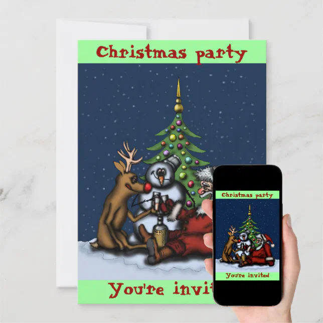 Funny Christmas party cartoon art invitation card | Zazzle