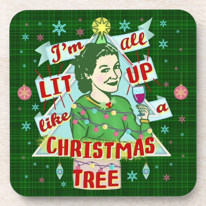 Funny Christmas Retro Drinking Humor Woman Lit Up Beverage Coaster ...