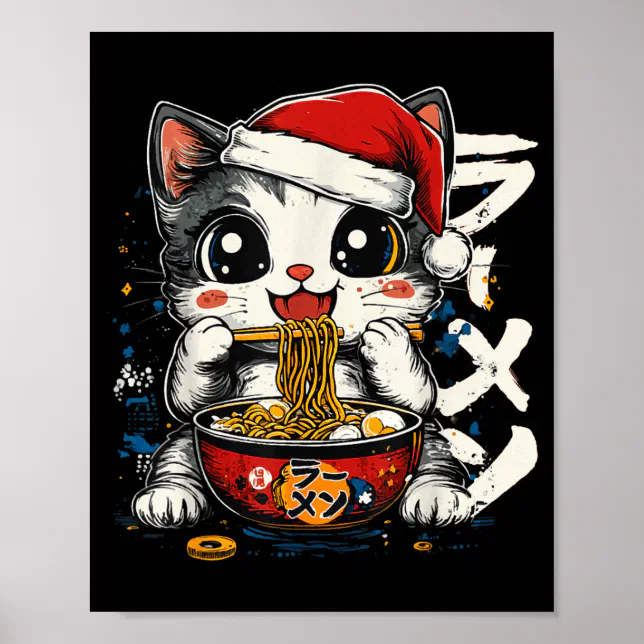 Funny Christmas Santa Cat Ramen Japanese Kawaii An Poster | Zazzle