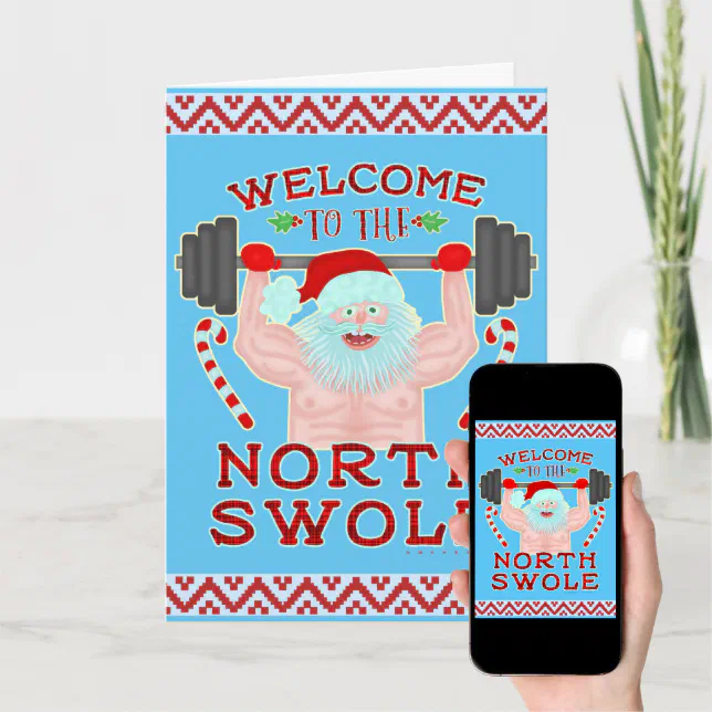 Funny Christmas Santa Claus Swole Weightlifter Holiday Card | Zazzle