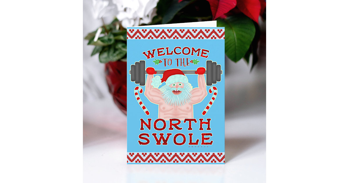 Funny Christmas Santa Claus Swole Weightlifter Holiday Card | Zazzle