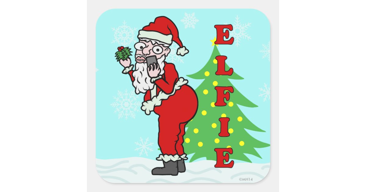 Funny Christmas Santa Elfie Square Sticker | Zazzle