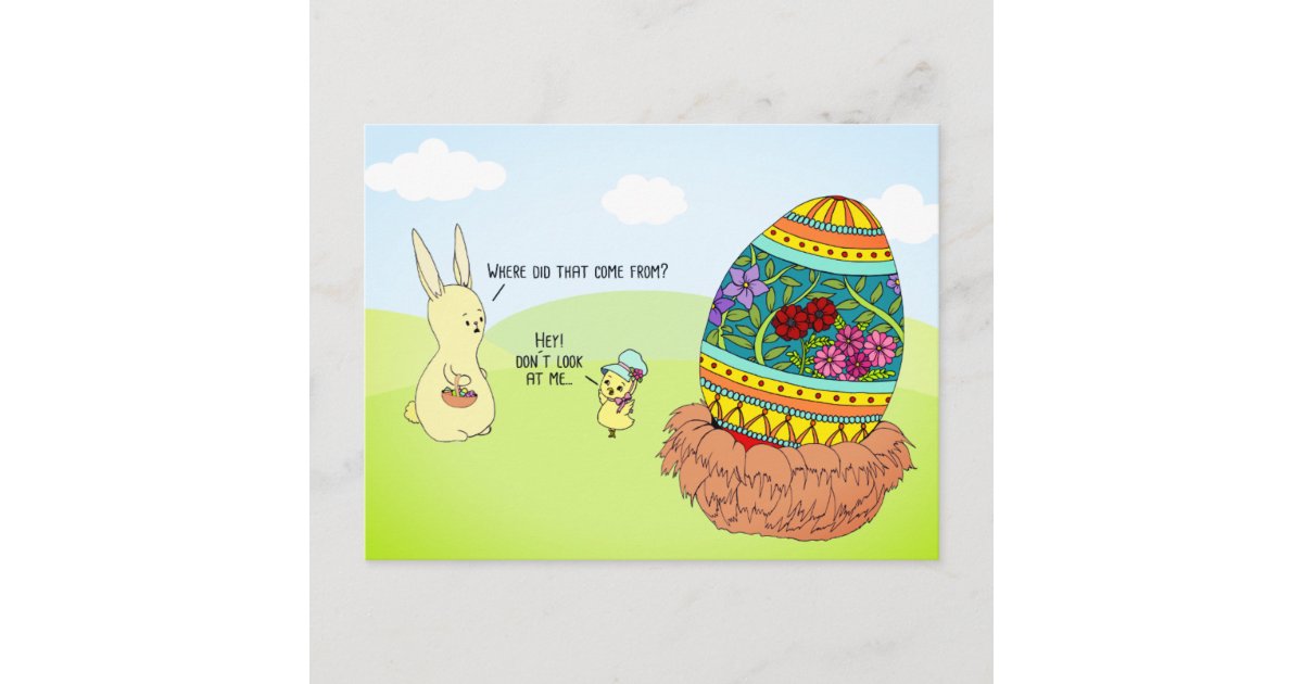 Funny Colorful Bunny Egg Hunt Cute Easter Cartoon Postcard | Zazzle