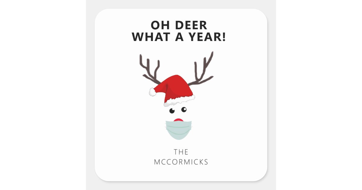 Funny Covid Christmas Reindeer Wearing Face Mask Square Sticker | Zazzle