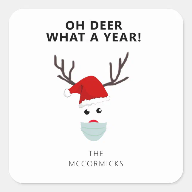 Funny Covid Christmas Reindeer Wearing Face Mask Square Sticker | Zazzle