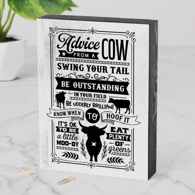 Funny cow advice word art wooden box sign | Zazzle