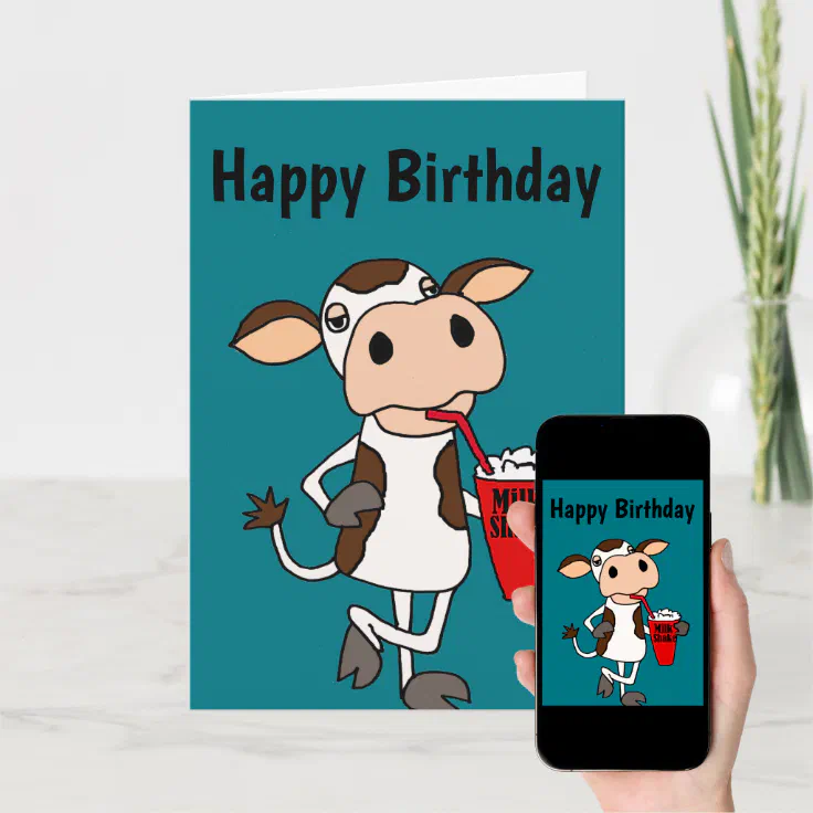 Funny Cow Drinking Milkshake Card | Zazzle