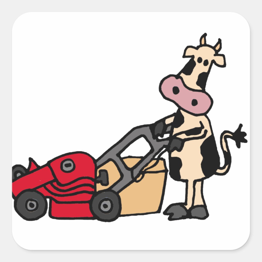 Funny Cow Pushing Red Lawn Mower Cartoon Square Sticker | Zazzle