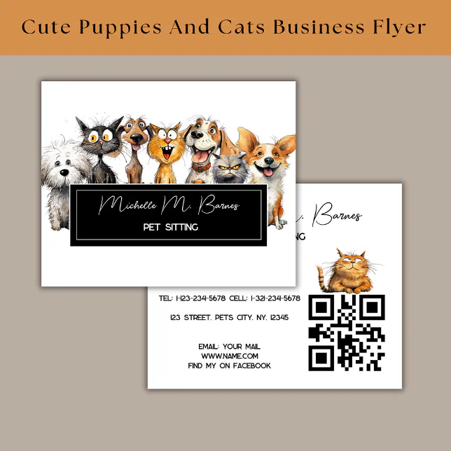 Funny Crazy Cats Dogs Pet Sitter QR Code Business Flyer | Zazzle