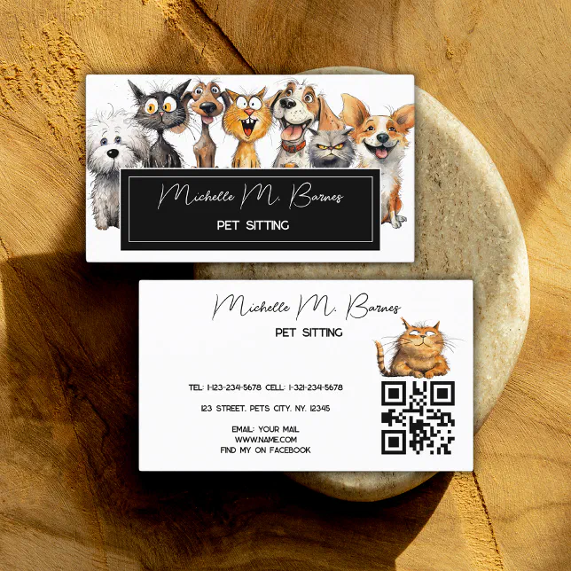 Funny Crazy Cats Dogs Pet Sitter QR Code White Business Card | Zazzle