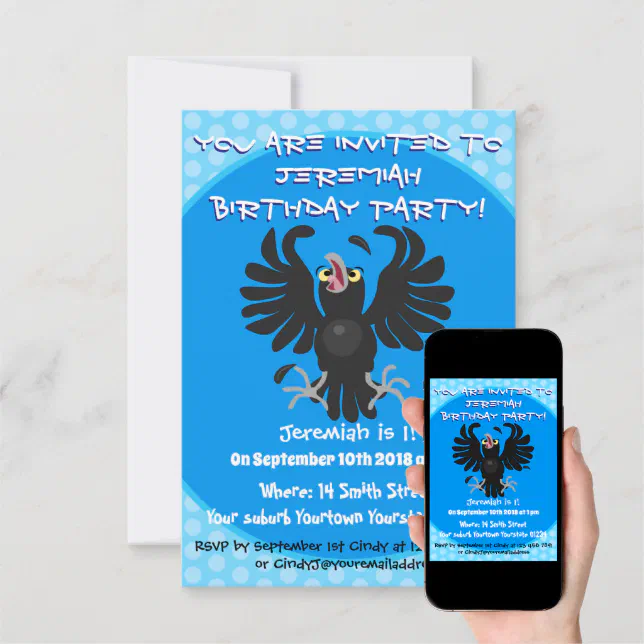 Funny crazy crow raven cartoon illustration invitation | Zazzle