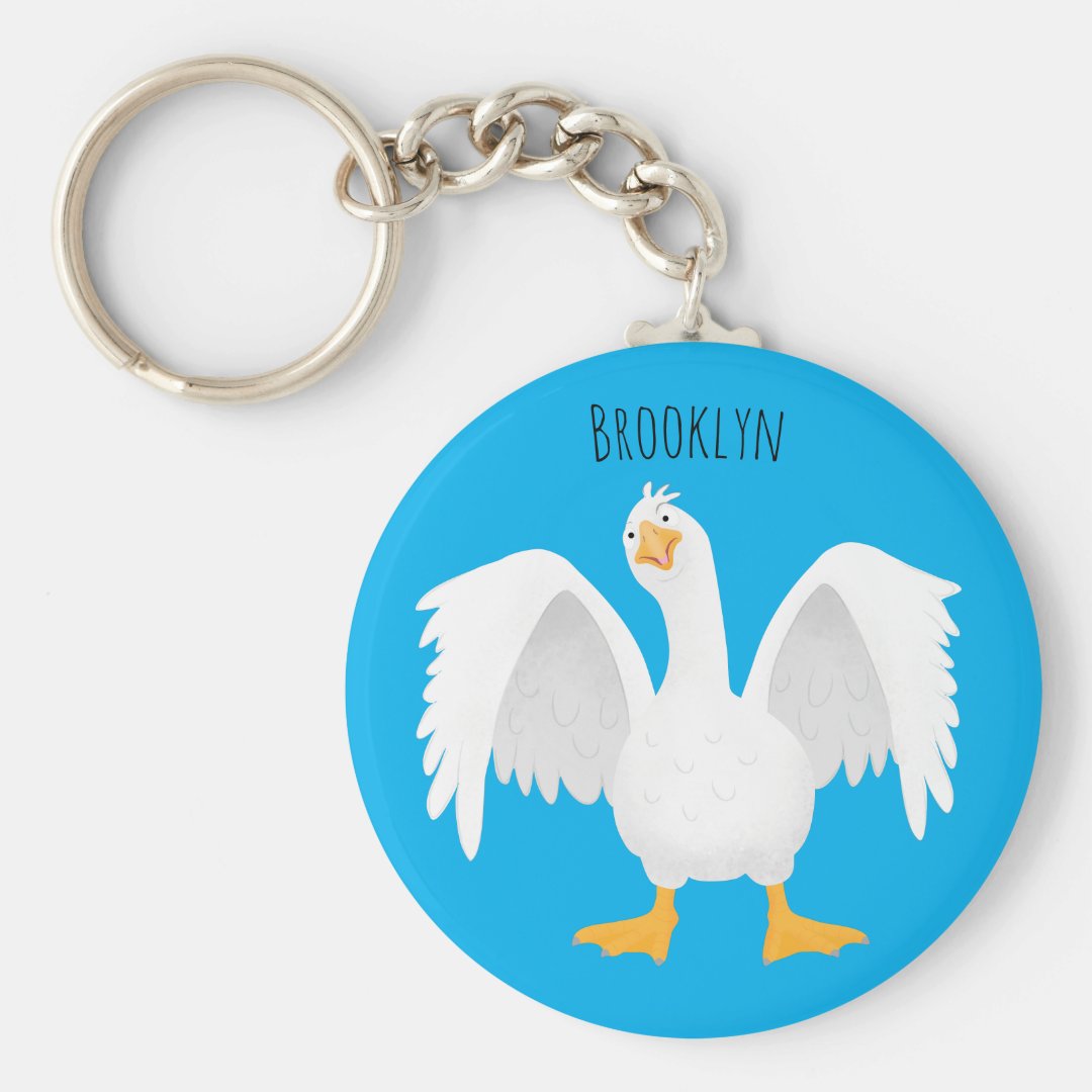 Funny curious domestic goose cartoon illustration keychain | Zazzle
