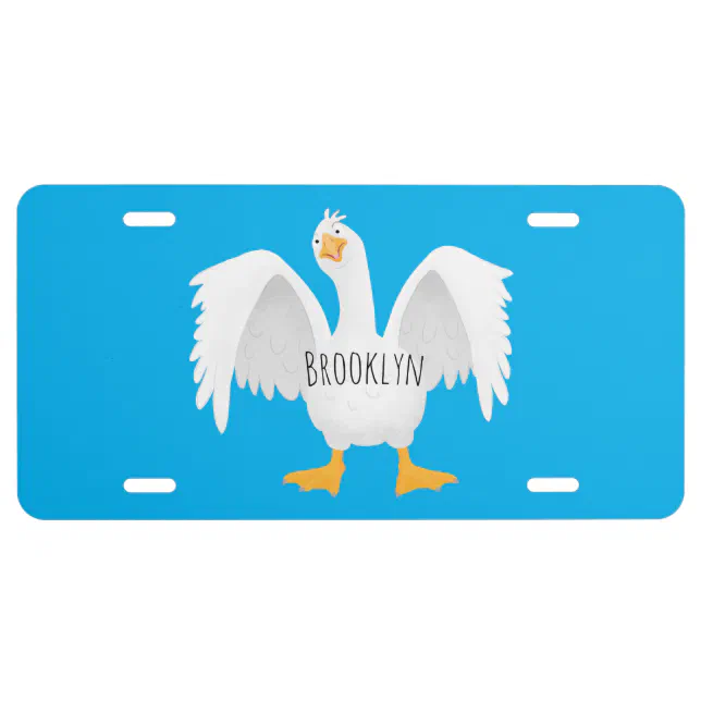 Funny curious domestic goose cartoon illustration license plate | Zazzle