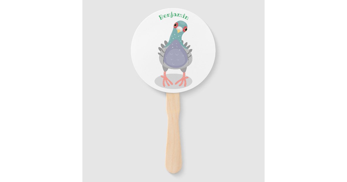 Funny curious pigeon cartoon illustration hand fan | Zazzle