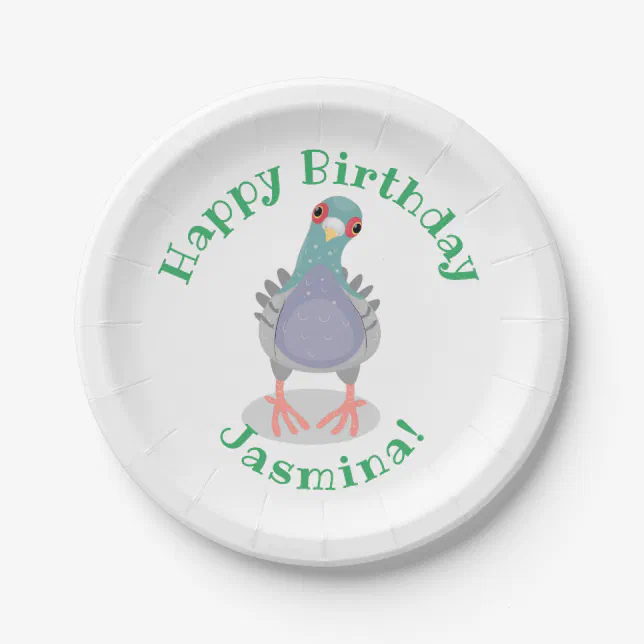 Funny curious pigeon cartoon illustration paper plates | Zazzle