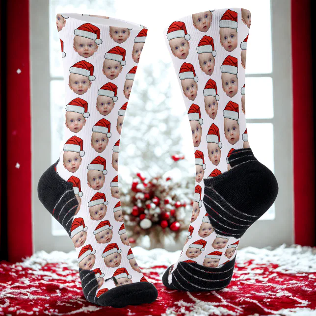 Funny Custom Face Photo Santa Head Christmas Socks | Zazzle