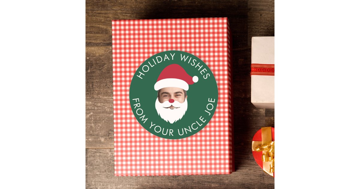 Funny Custom Face Swap Santa Claus Christmas Text Classic Round Sticker ...