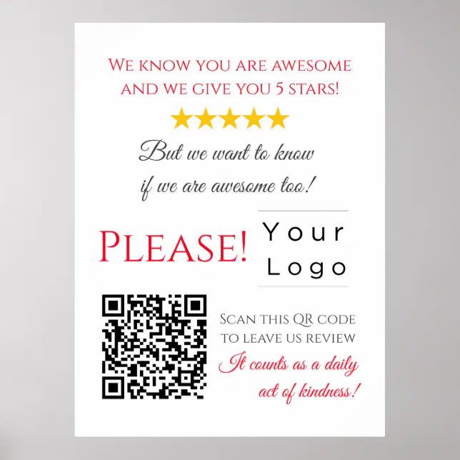 Funny Custom QR Code Business Logo Review red Poster | Zazzle