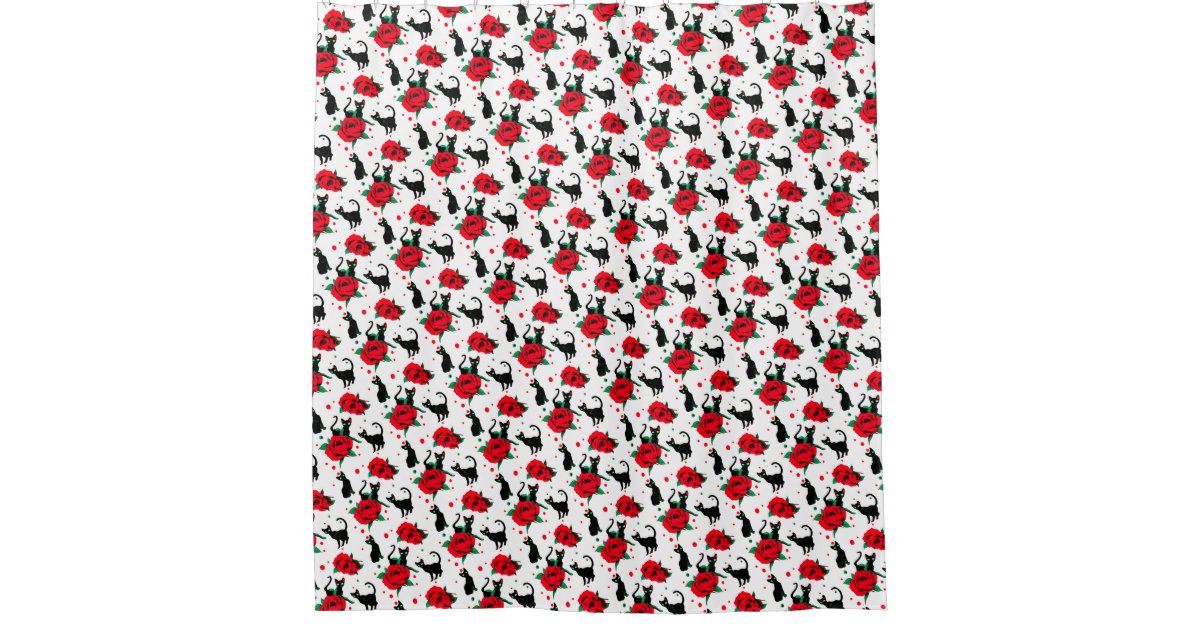 Funny Cute Black Cats Red Roses Pattern Shower Curtain | Zazzle