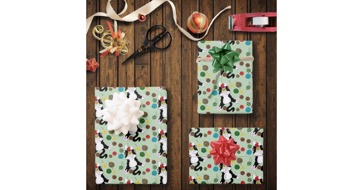 Funny Cute Black White Tuxedo Cat Holiday Green Wrapping Paper Sheets ...