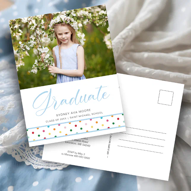 Funny Cute Blue Polka Dots Grad Photo Graduation Postcard | Zazzle