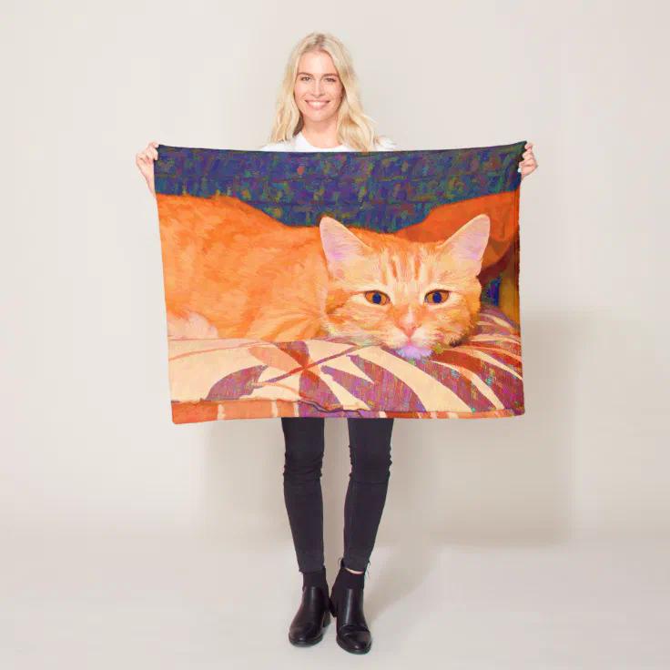 Funny Cute Bright Orange Tabby Cat Fleece Blanket | Zazzle