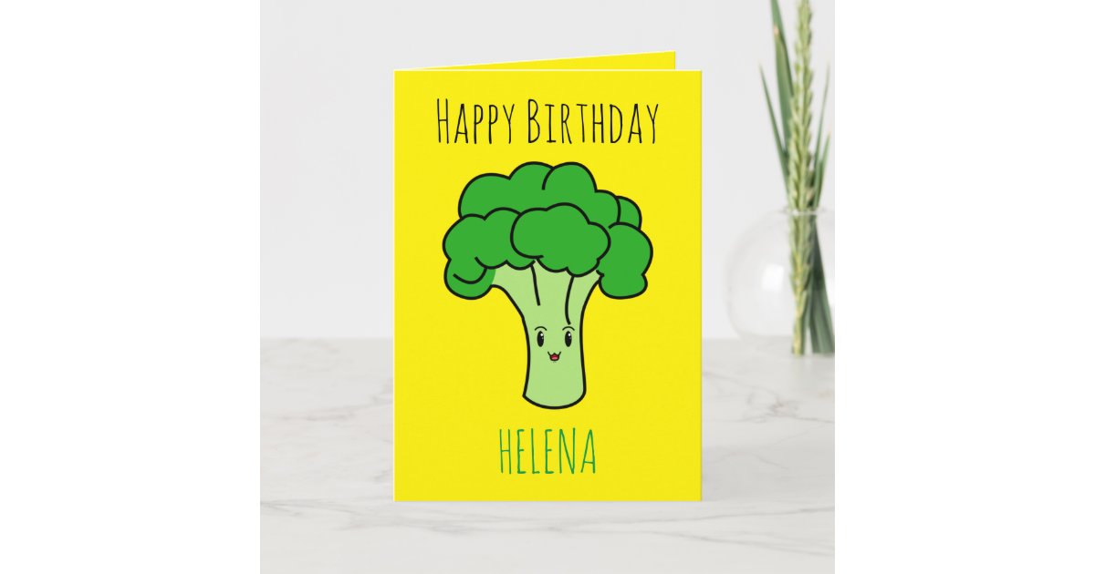 Funny Cute Broccoli Yellow Vegan Birthday Card | Zazzle