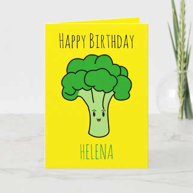 Funny Cute Broccoli Yellow Vegan Birthday Card | Zazzle
