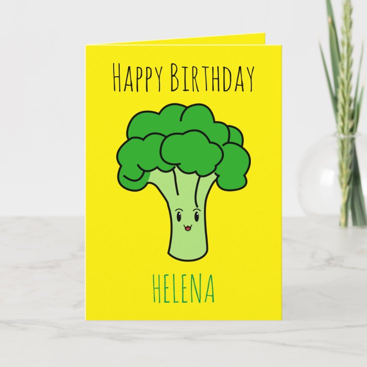 Funny Cute Broccoli Yellow Vegan Birthday Card | Zazzle