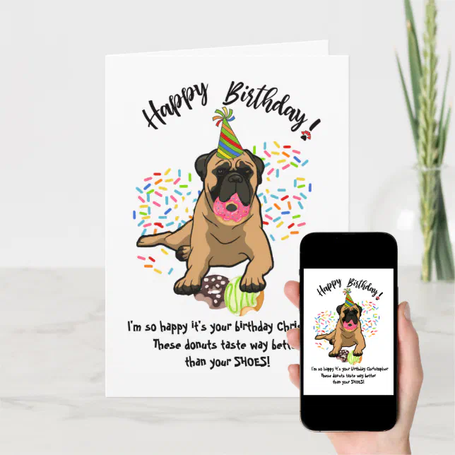 Funny Cute Bull Mastiff Dog Birthday Card Donuts | Zazzle