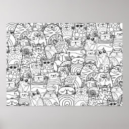 Funny Cute Cats Doodle Relaxing Party Coloring Art Poster | Zazzle