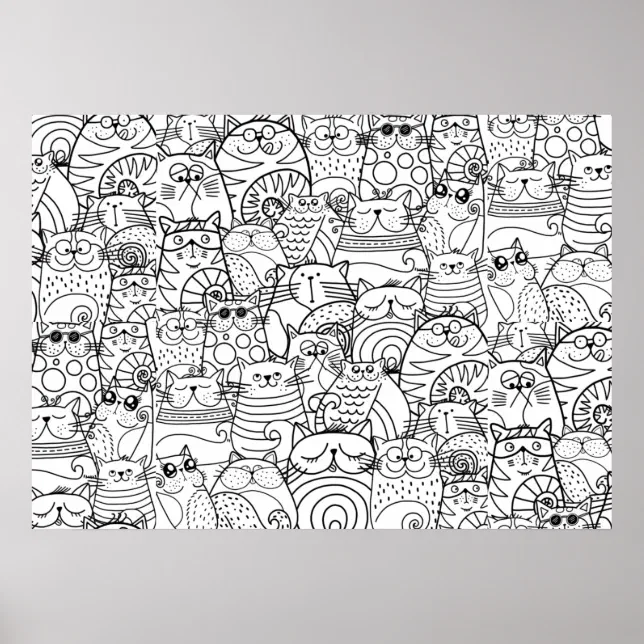 Funny Cute Cats Doodle Relaxing Party Coloring Art Poster | Zazzle