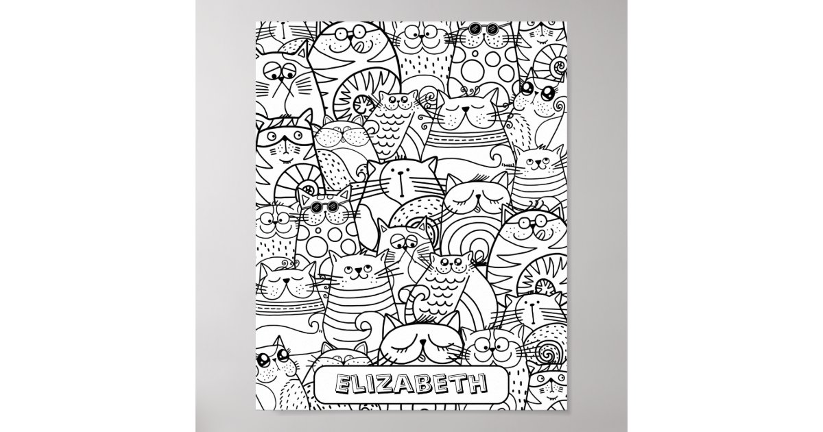 Funny Cute Cats Zen Doodle Coloring Custom Name Poster | Zazzle