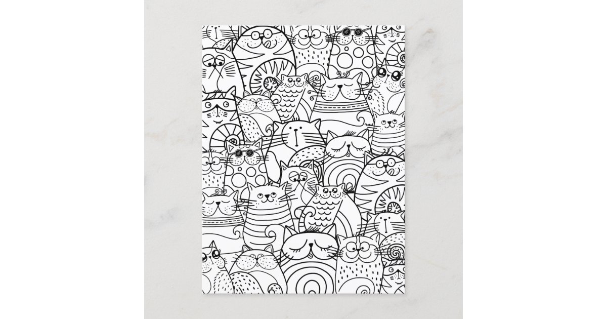 Funny Cute Cats Zen Doodle Relaxing Adult Coloring Postcard | Zazzle