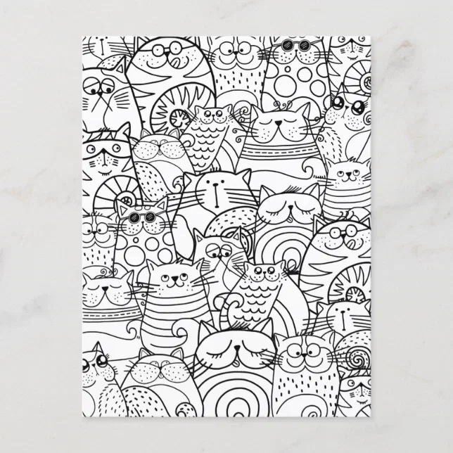 Funny Cute Cats Zen Doodle Relaxing Adult Coloring Postcard | Zazzle