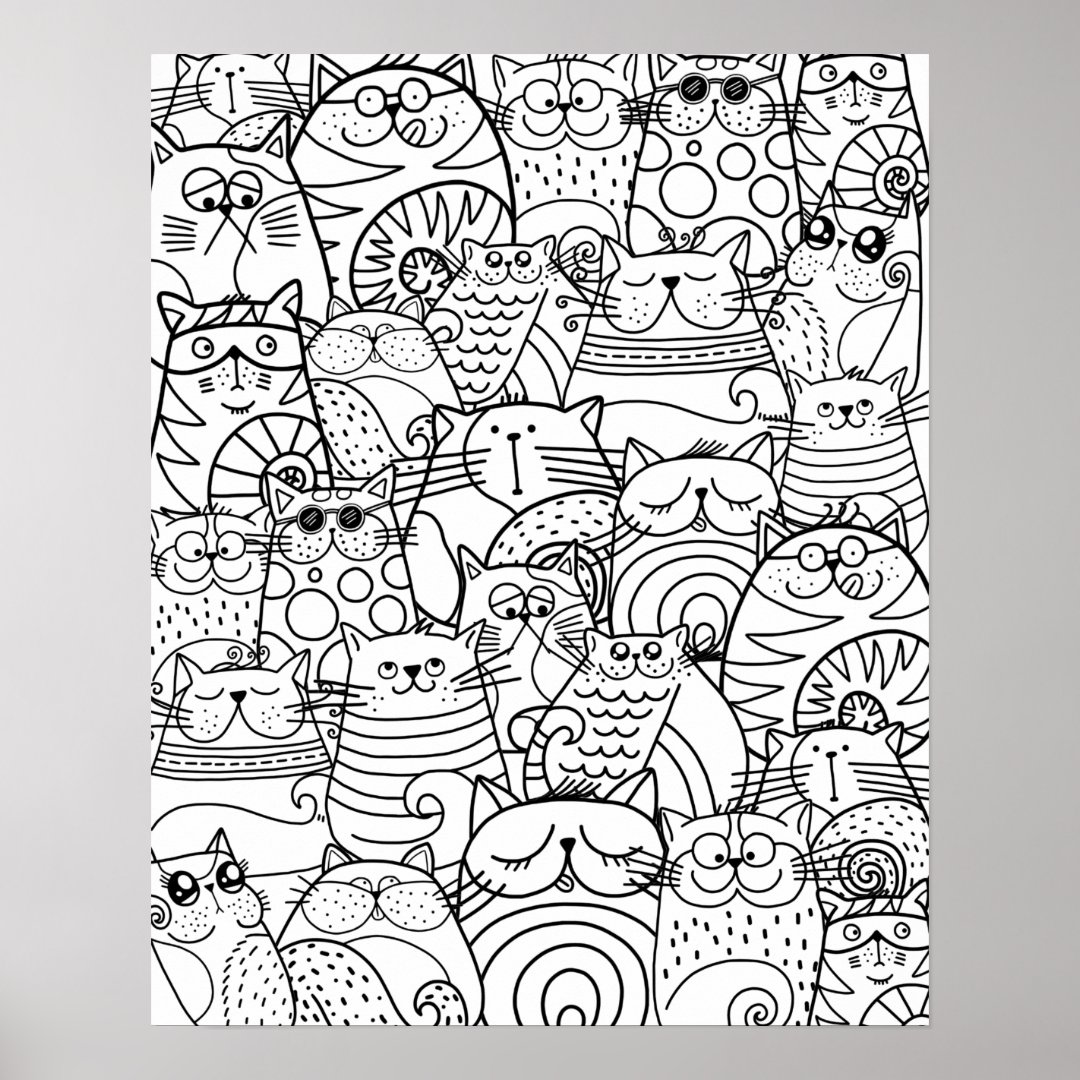 Funny Cute Cats Zen Doodle Relaxing Adult Coloring Poster | Zazzle