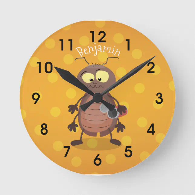 Funny cute cockroach cartoon character round clock | Zazzle