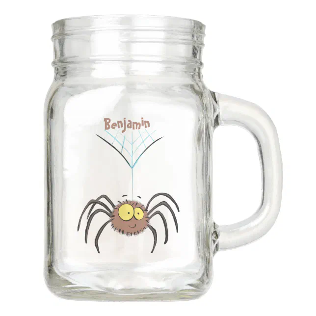 Funny cute fluffy spider cartoon mason jar | Zazzle