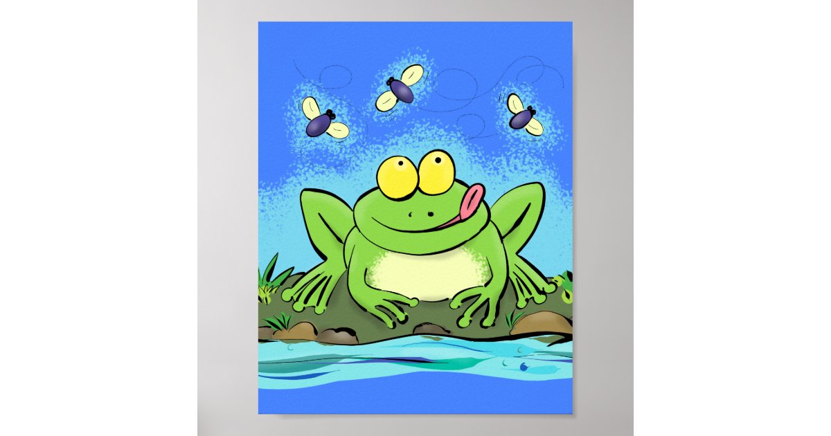 Funny cute green hungry frog with flies cartoon poster | Zazzle