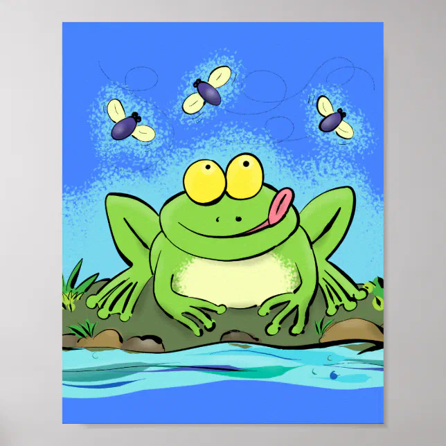 Funny cute green hungry frog with flies cartoon poster | Zazzle