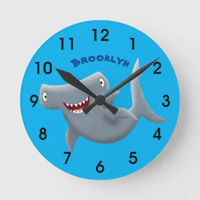 Funny cute Hammerhead shark cartoon Round Clock | Zazzle