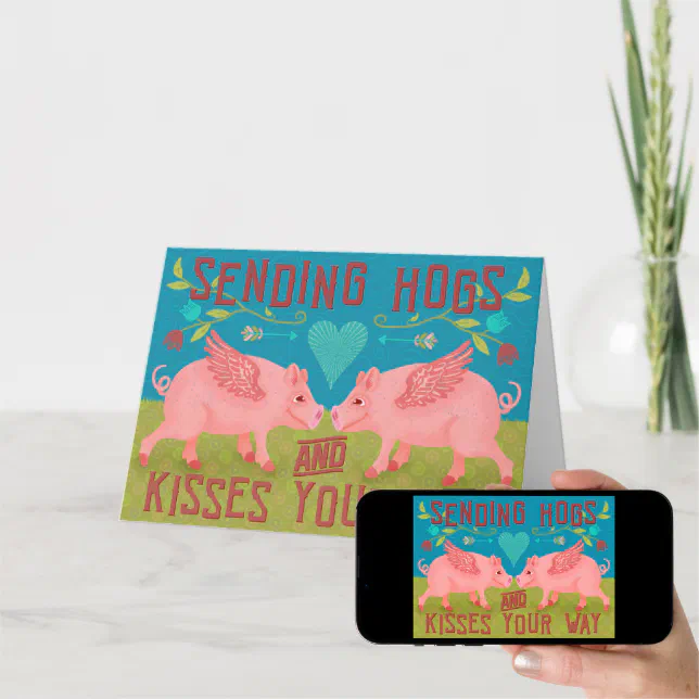 Funny Cute Hogs and Kisses Pig Pun I Miss You Holiday Card | Zazzle