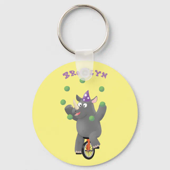 Funny cute rhino juggling on unicycle cartoon keychain | Zazzle