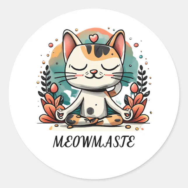 Funny Cute Spiritual Cat Meditating "MEOWMASTE" Classic Round Sticker ...