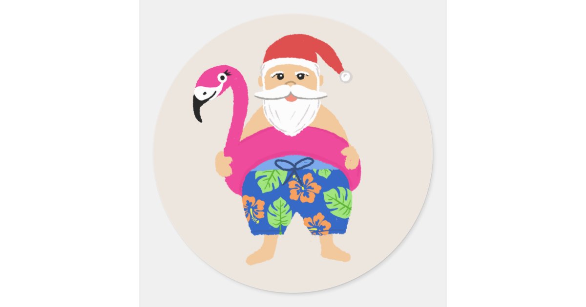 Funny Cute Tropical Santa Holiday Pool Float Classic Round Sticker | Zazzle