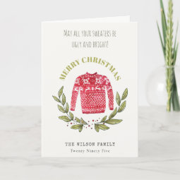 Funny Cute Ugly Sweater Leafy Red Green Christmas Holiday Card | Zazzle
