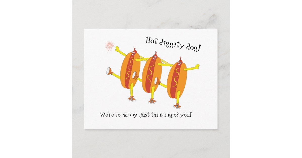Funny dancing hot dogs celebrate love. postcard | Zazzle