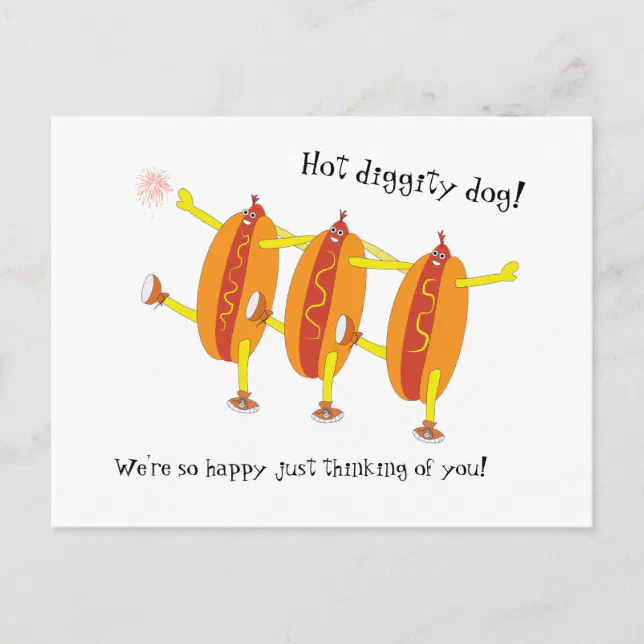 Funny dancing hot dogs celebrate love. postcard | Zazzle